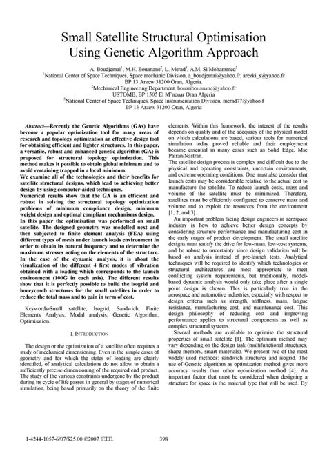 Pdf Small Satellite Structural Optimisation Using Genetic Algorithm Approach
