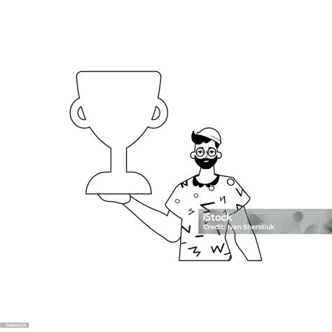 남자가 컵을 들고 있다 승리의 국가 흑백 선형 방식 트렌디한 스타일 벡터 일러스트레이션 거리에 대한 스톡 벡터 아트 및 기타