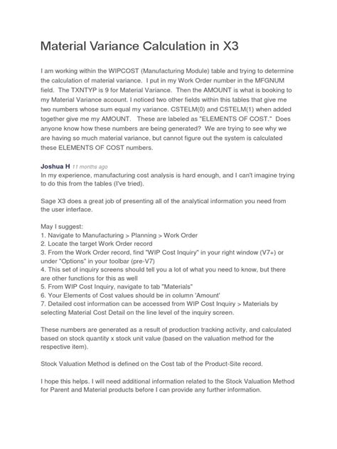 Material Variance Calculation In X3 Pdf Variance Valuation Finance