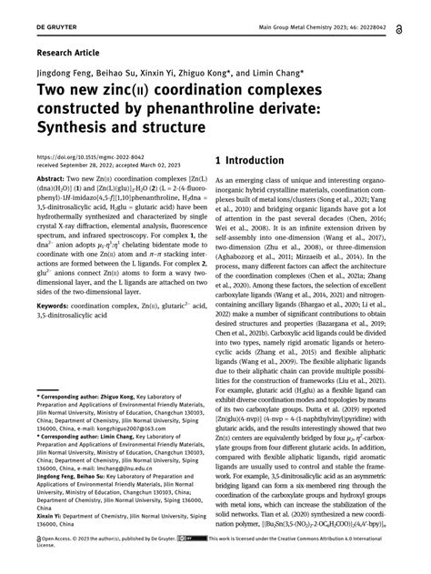 Pdf Two New Zincii Coordination Complexes Constructed By Phenanthroline Derivate Synthesis