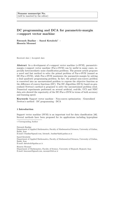 Pdf Dc Programming And Dca For Parametric Margin ν Support Vector Machine