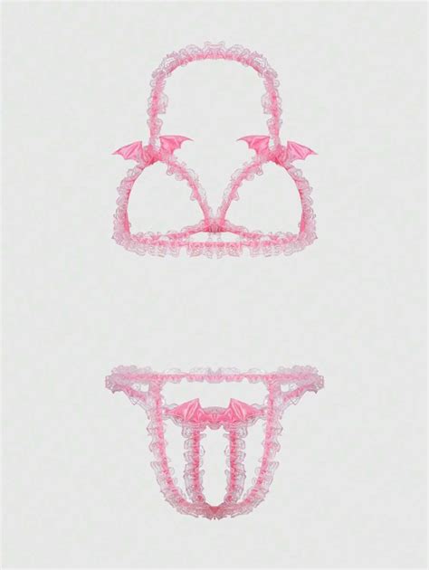 Romwe Goth Pink Bat Shaped Lace Womens Sexy Hollow Out Lingerie Set