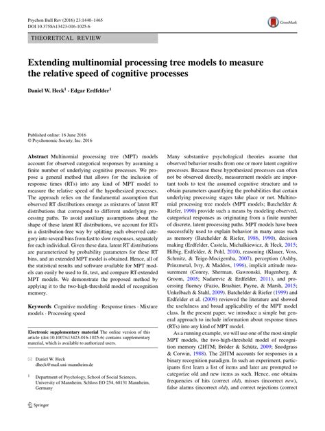 Pdf Extending Multinomial Processing Tree Models To Measure The Relative Speed Of Cognitive