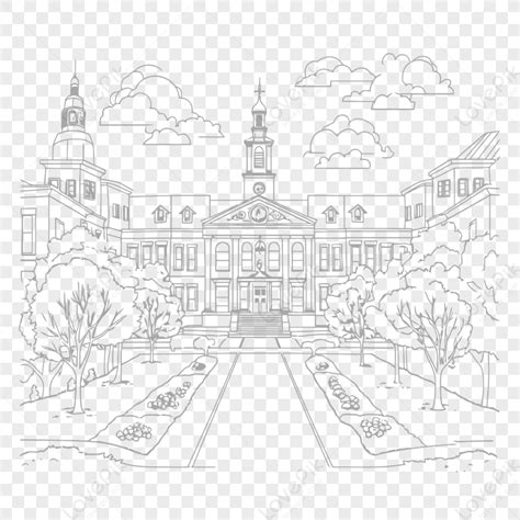 University Building And Trees Coloring Pages Outline Sketch Drawing Vector Architecture Thick