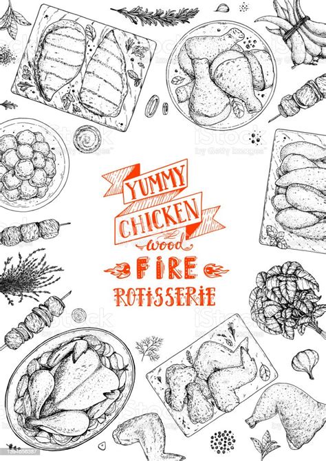닭 고기 구운 닭고기와 튀김 손으로 그린 스케치 그림입니다 구운 닭고기 고기 상단 보기 프레임 벡터 그림입니다 새겨진 디자인 레스토랑 메뉴 디자인 템플릿입니다 닭가슴살