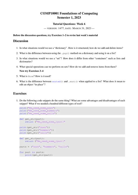 Tutesheet Week6 1 Tutorial Sheet For Week 6 Comp10001 Foundations