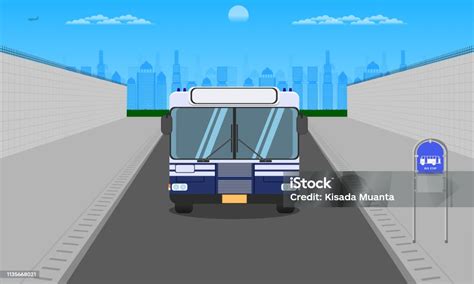 도시에 있는 옥외도로에는 역 폴란드 램프 표시 수평 한 벡터 일러스트 레이 션 Eps10에 파란 하늘 정면 전망 버스 정류장 거리에 대한 스톡 벡터 아트 및 기타 이미지