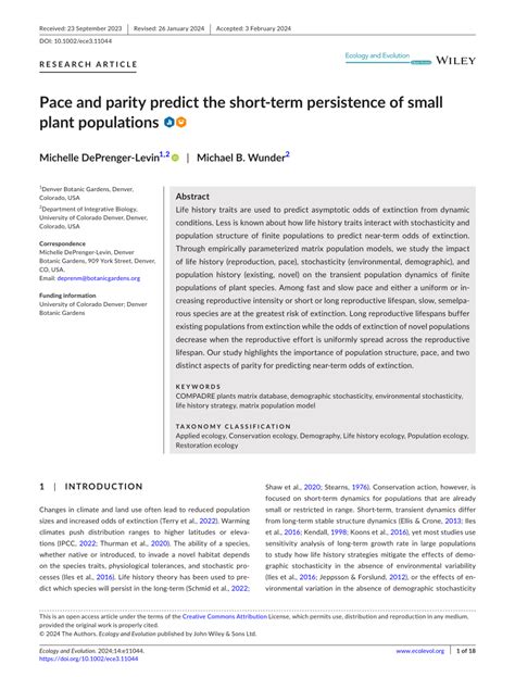 Pdf Pace And Parity Predict The Short‐term Persistence Of Small Plant Populations