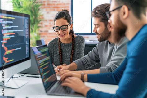 Young Female Programmer Standing On Her Desk Coding On A Laptop