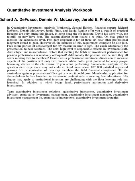 Quantitative Investment Analysis Workbook Pdf Business