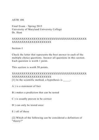 ASTR 100Final Exam Spring 2015University Of Maryland Unive Docx Space And Astronomy Science