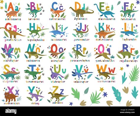 Dino Alphabet Bright Colorful Set With Hand Drawn Cartoon Cute