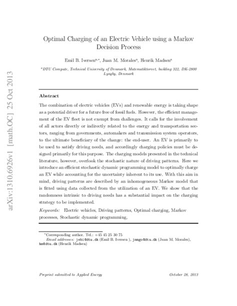 pdf optimal charging of an electric vehicle using a markov decision