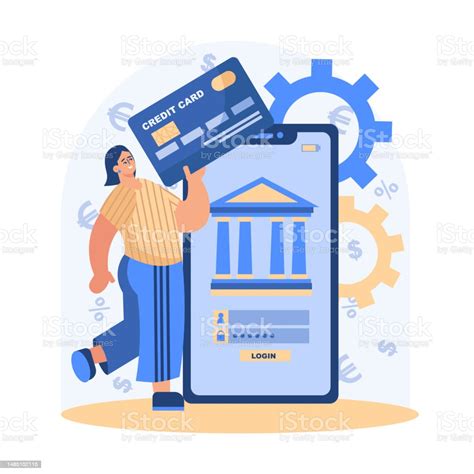 운동복을 입은 젊은 아가씨가 휴대전화 근처에 서서 큰 신용카드를 들고 있다 0명에 대한 스톡 벡터 아트 및 기타 이미지 0명 강둑 거래 내역서 Istock