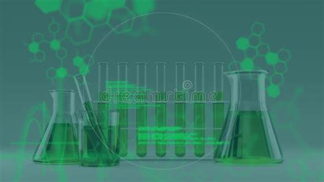 Animation Of Pulsating Circle And Chemical Structures Over Close Up Of Test Tubes And Flasks