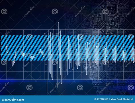 Graphs Over Grid Network Against Microprocessor Connections On Blue Background Stock