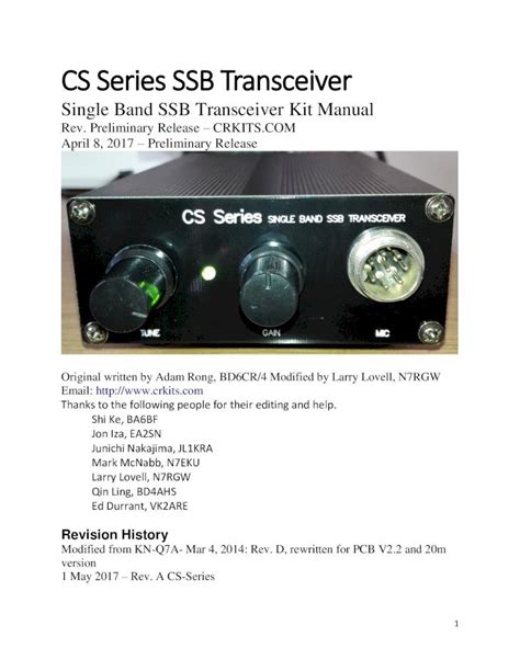 PDF CS Series SSB Transceiver 1 CS Series SSB Transceiver Single Band SSB Transceiver Kit