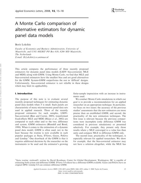 Pdf A Monte Carlo Comparison Of Alternative Estimators For Dynamic Panel Data Models