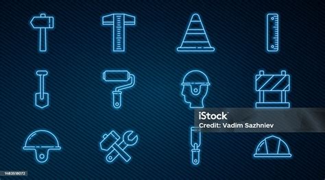 라인 작업자 안전 헬멧 도로 장벽 교통 콘 페인트 롤러 브러시 삽 망치 및 T스퀘어 라인 아이콘을 설정합니다 벡터 T 자에 대한