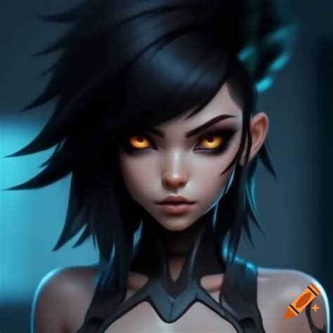 Cyberpunk Netrunner Girl With Black Hair And Amber Eyes In High