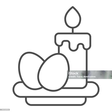 촛불과 달걀 얇은 라인 아이콘 해피 부활절 개념 흰색 배경에 달걀 기호와 전통적인 부활절 접시 부활절 달걀과 윤곽 스타일의 촛불 아이콘 접시 벡터 그래픽 4월에 대한 스톡