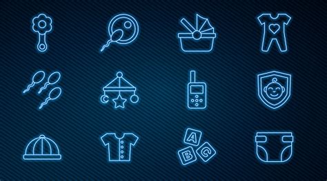 세트 라인 아기 기저귀 방패 유모차 유아용 침대 걸이 장난감 정자 딸랑이 아기 모니터 워키토키 및 아이콘 벡터 개념에 대한 스톡 벡터 아트 및 기타 이미지 Istock