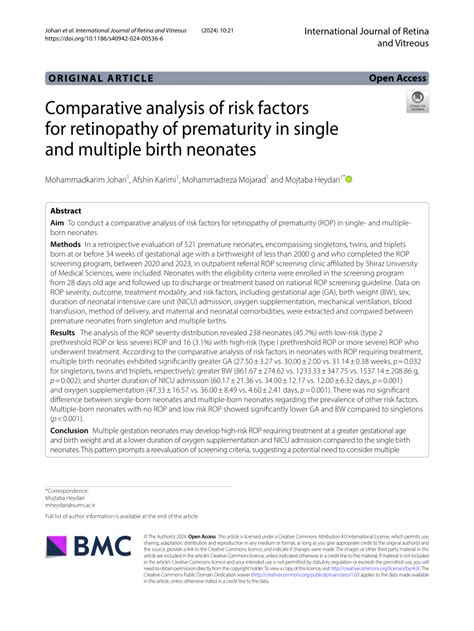Pdf Comparative Analysis Of Risk Factors For Retinopathy Of Prematurity In Single And Multiple