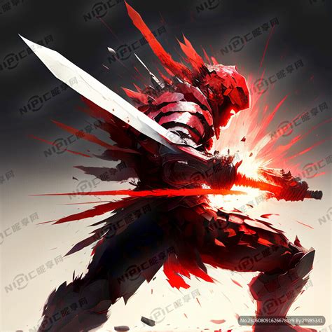 Ai创作图战斗 颜色绚丽 红色 刀光 光效 碎石 昵图网