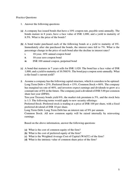 Practice Questions Pdf Bonds Finance Cost Of Capital