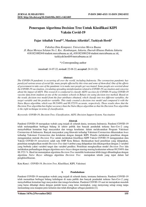 PDF Penerapan Algoritma Decision Tree Untuk Klasifikasi KIPI Vaksin Covid