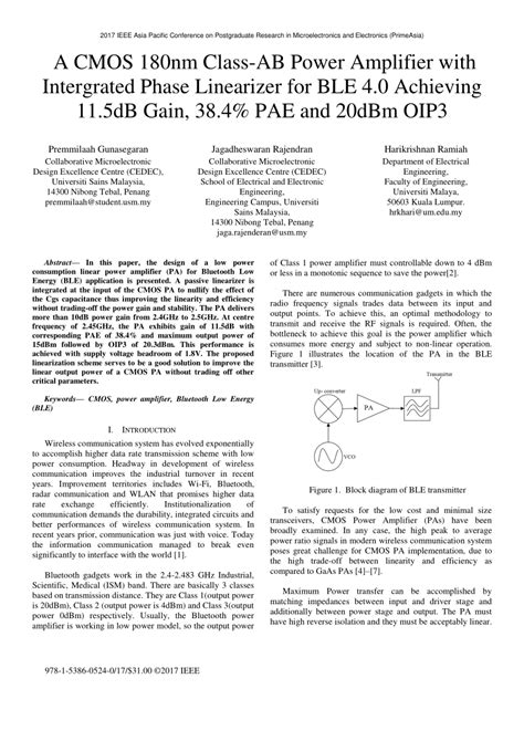 Pdf A Cmos 180nm Class Ab Power Amplifier With Intergrated Phase