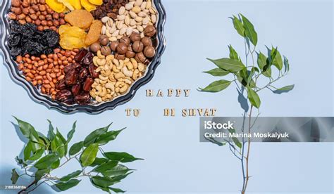 말린 과일과 다양한 견과류가 담긴 은색 쟁반이 있는 아름다운 축제 배경 유대인 Tu Bi Shvat의 전통 간식 녹색 가지 문자 메시지 Tu Bishvat에 대한 스톡 사진