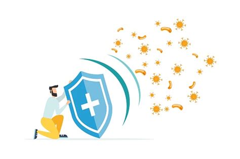 면역 체계 벡터 아이콘 로고입니다 건강 박테리아 바이러스 보호 의료 예방 인간의 세균 건강한 남자는 방패로 박테리아의 공격을 반영합니다 의학 개념 그림으로 면역력 향상