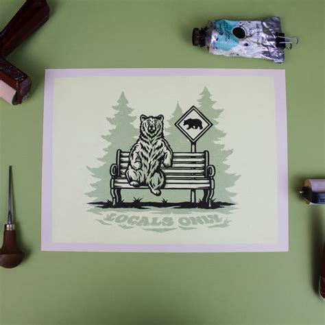 Locals Only Reduction Linocut Print 3 Color Layers Edition Of 11 R Linocuts