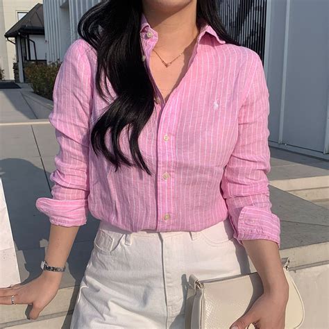 폴로랄프로렌 Polo Ralph Lauren 폴로 랄프로렌 스트라이프 린넨 셔츠 보이즈 카멜핑크 트렌비