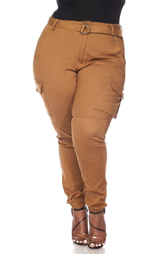 Plus Size Belted Cargo Jogger Pants Khaki