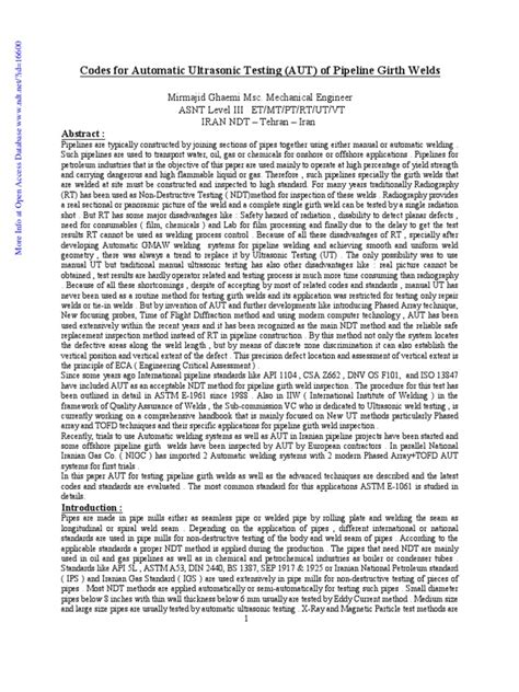 Codes For Automatic Ultrasonic Testing Aut Of Pipeline Girth Welds