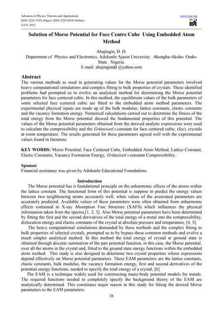 Solution Of Morse Potential For Face Centre Cube Using Embedded Atom Method Pdf Chemistry