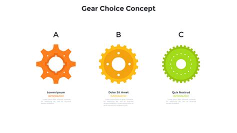 수평 행에 배치 세 개의 화려한 기어 바퀴 산업 생산 제조의 3 단계의 개념 최소한의 인포그래픽 디자인 템플릿입니다 프리젠 테이션을위한 현대적인 평면 벡터 그림 기어 기계