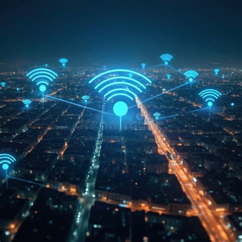 Night Cityscape With Wi Fi Signal Icons Overlaid Shows Internet