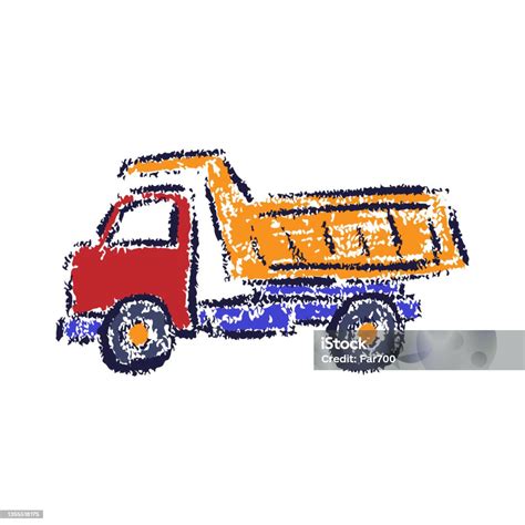 덤프 트럭 자식 그리기 아이콘 컬러 실루엣 측면 보기입니다 벡터 간단한 평면 그래픽 손으로 그린 그림 흰색 배경의 격리된 개체입니다 격리 완구류에 대한 스톡 벡터 아트 및