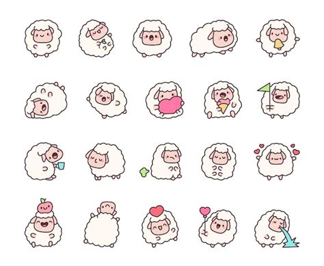 귀여운 카와이 양 재미있는 만화 농장 캐릭터 프리미엄 벡터