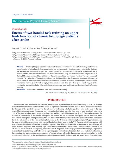 Pdf Effects Of Two Handed Task Training On Upper Limb Function Of