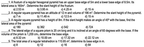 solved 1 a frustum of a regular hexagonal pyramid has an