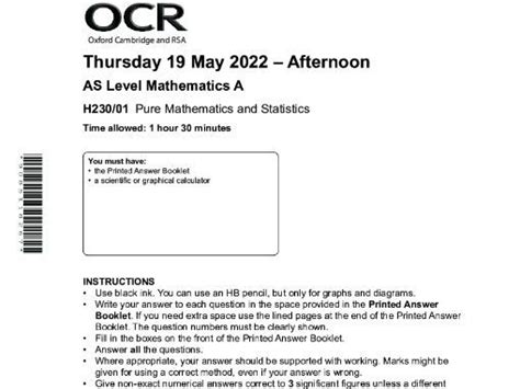 Ocr As Level Mathematics A H230 01 Pure Mathematics And Statistics