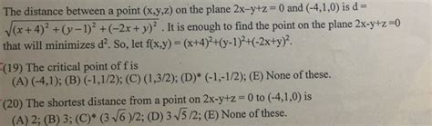 Solved The Distance Between A Point X Y Z On The Plane Chegg Com