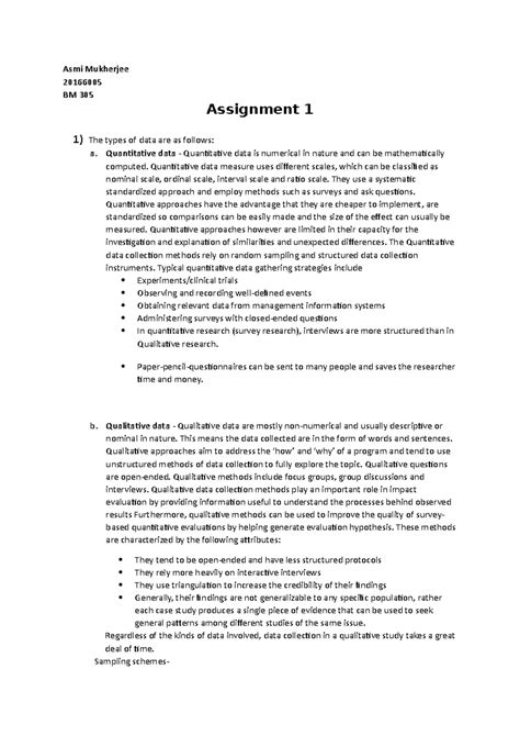 Biostats 1 Assignment Asmi Mukherjee 20166005 BM 305 Assignment 1 1 The Types Of Data Are