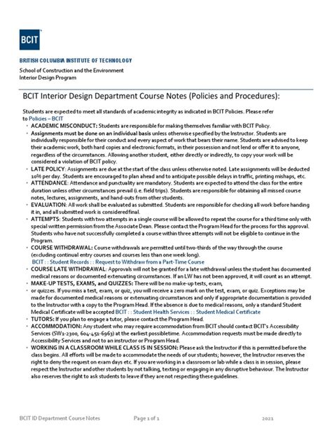 Bcit Interior Design Department Course Policies 2021 Pdf Quiz