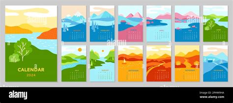 Calendar With Landscape Set Abstract Minimalist Nature Scenery Four Seasons Spring Autumn