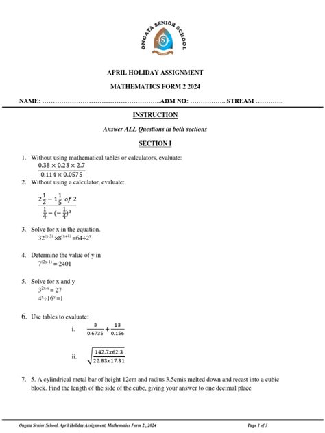 Mathematics Questions Assignments Form 2 Mathematics Pdf Area Cartesian Coordinate System